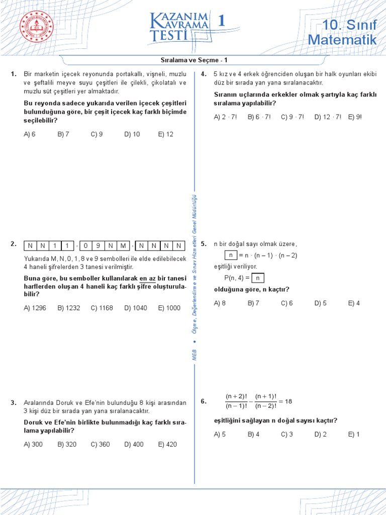 1 (3) Matematik Test 10. Sınıf | PDF