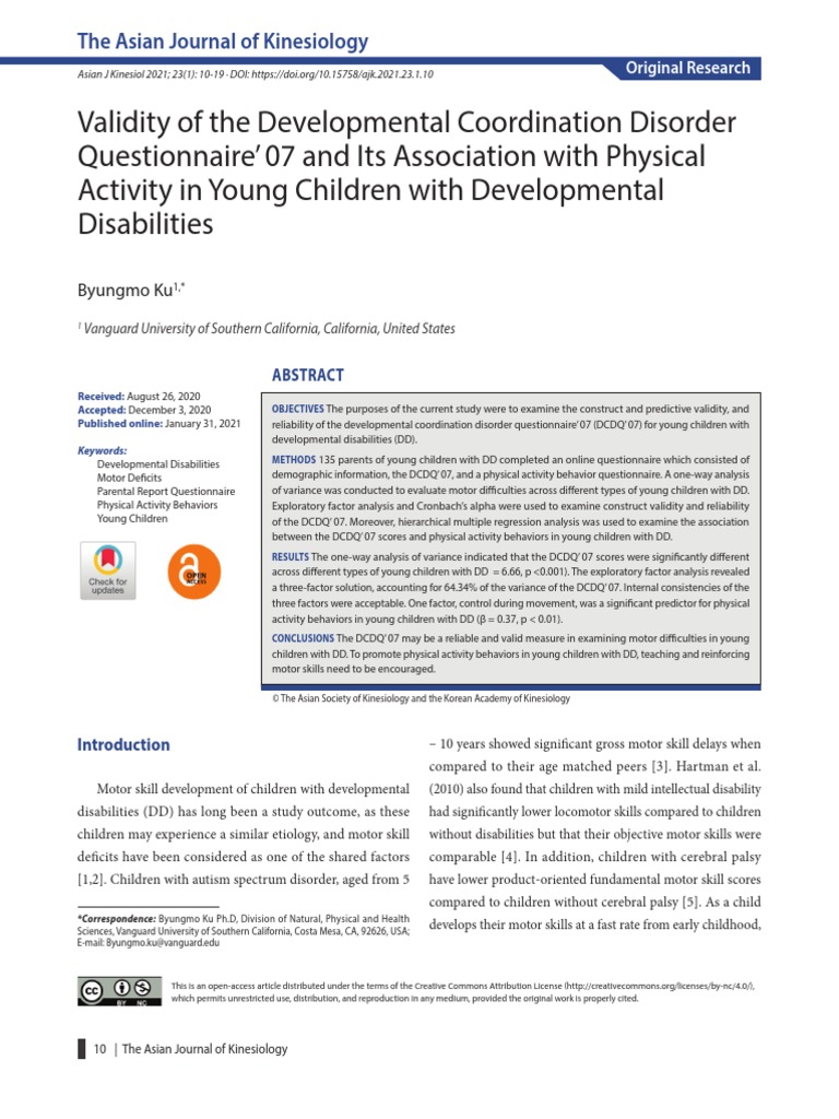 The Developmental Coordination Desorder Questionnaire 2007 ...