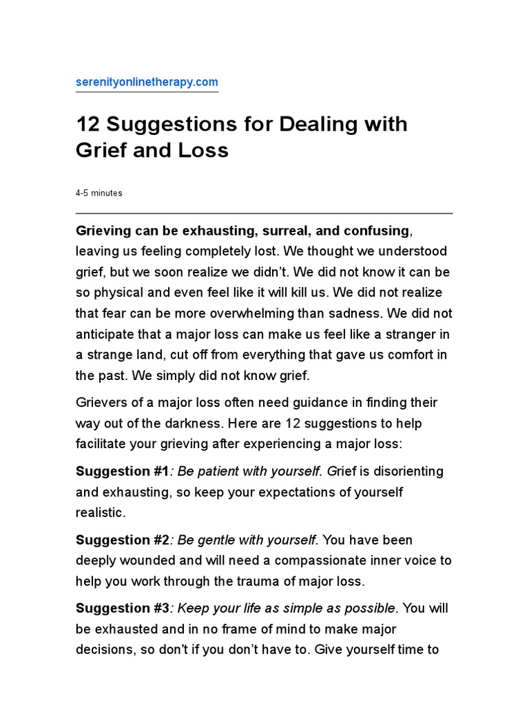 12 Suggestions For Dealing With Grief And Loss Pdf Grief Psychology