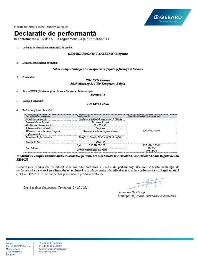 Declatatie de Performanta Gerard Eleganta | PDF