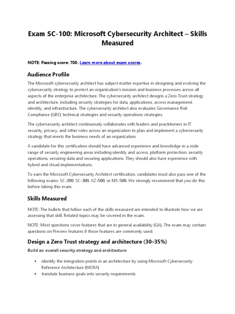 Exam Sc 100 Microsoft Cybersecurity Architect Skills Measured Pdf