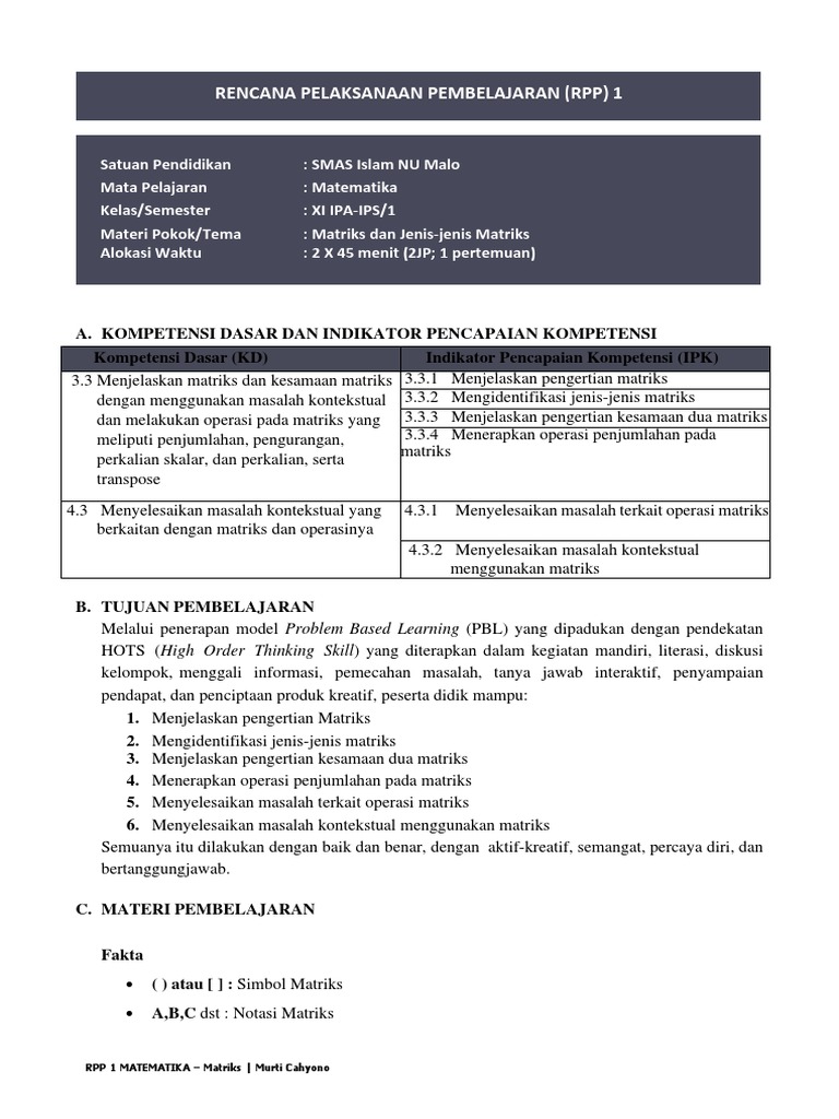 RPP Matriks Kelas Xi Lengkap | PDF