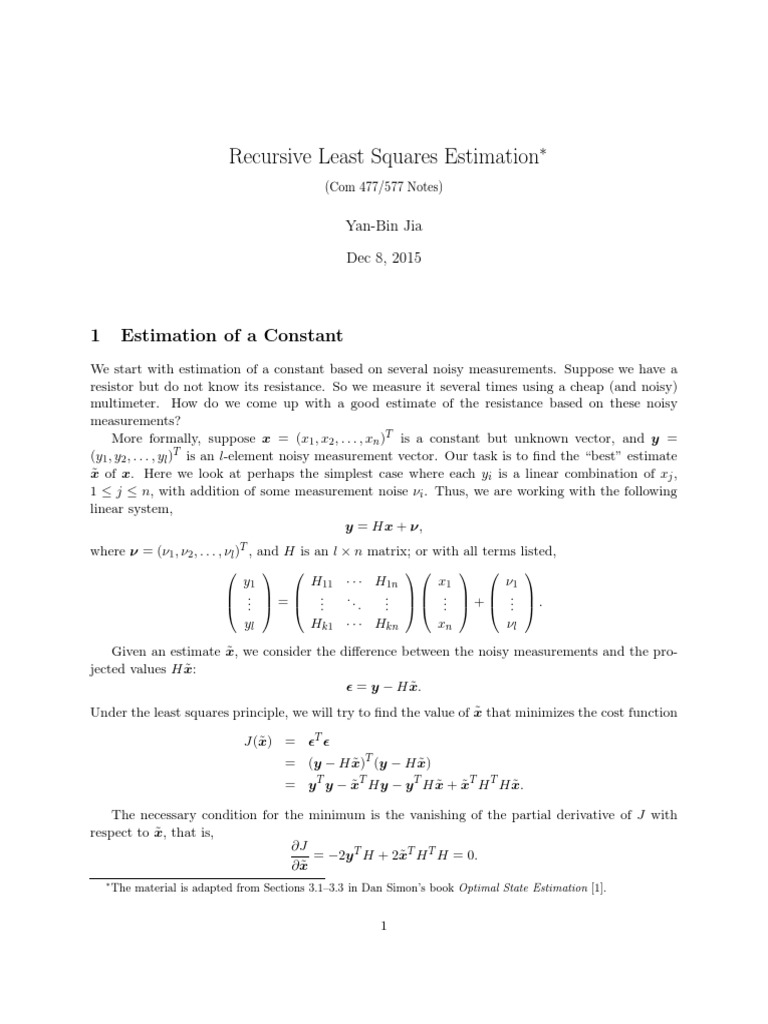 Recursive Least Squares Estimation 1 Estimation Of A Constant Pdf