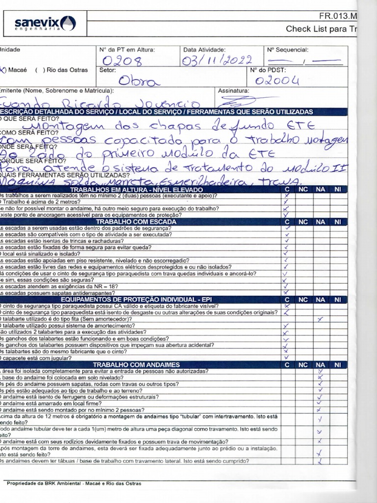 CHECK LIST TRABALHO EM ALTURA | PDF