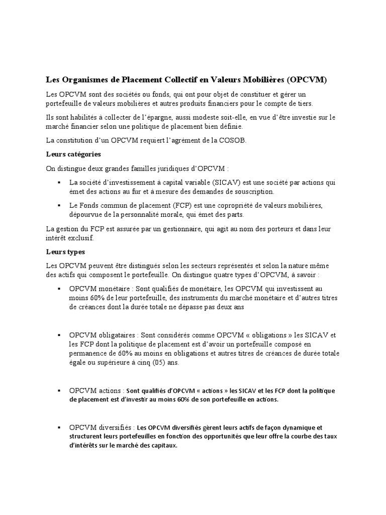 Les Organismes de Placement Collectif en Valeurs Mobilières | PDF