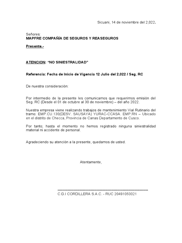 Modelo de Carta de No Siniestralidad 15 DE NOVIEMBRE | PDF