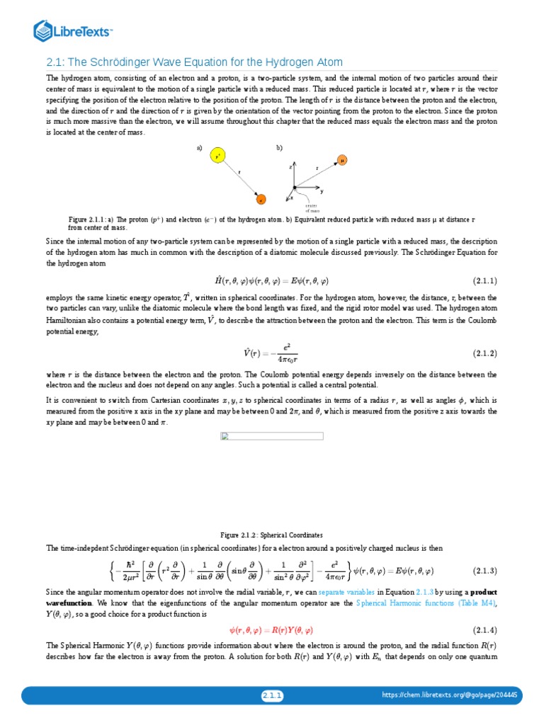2.01 the Schrodinger Wave Equation for the Hydrogen Atom | PDF | Atomic ...