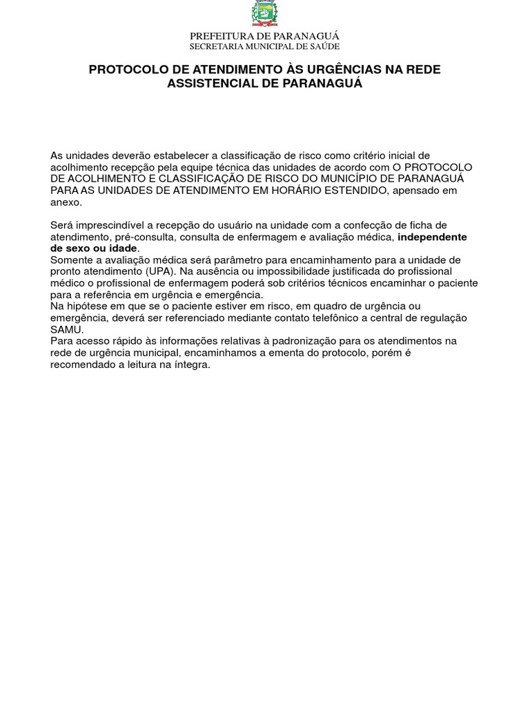 Protocolo de Atendimento Às Urgências Na Rede Assistencial de Paranaguá | PDF | Ambulância ...