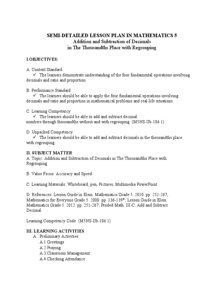Grade 5 Decimal Addition & Subtraction Plan | PDF