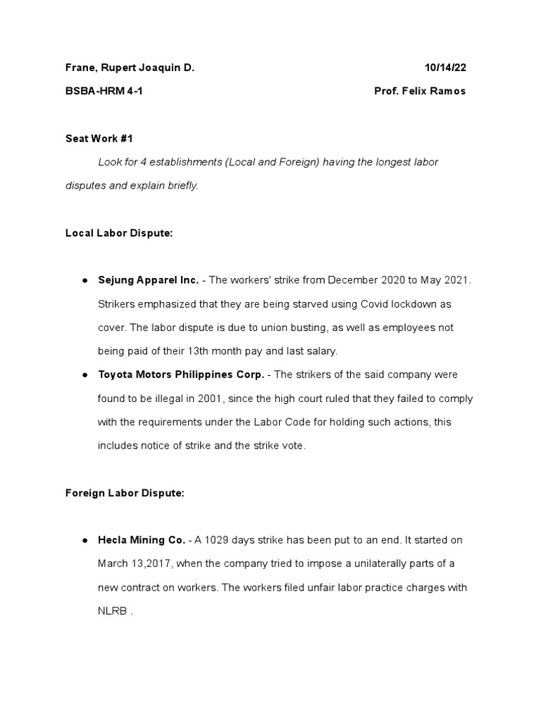 Frane, Rupert Joaquin D. - HRM 4-1 - Labor Relations and Negotiations (Seat Work) | PDF