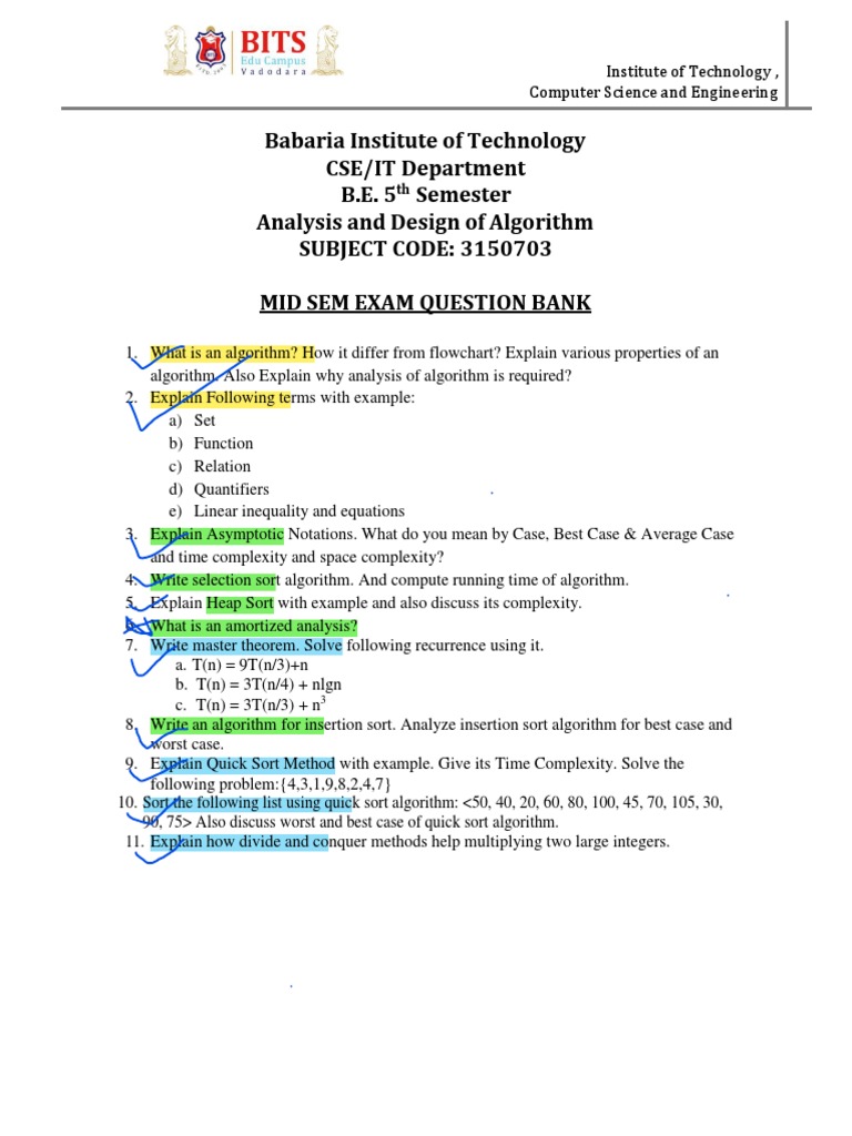 ADA MID SEM QUESTION BANK - Final | PDF | Dynamic Programming | Computational Complexity Theory