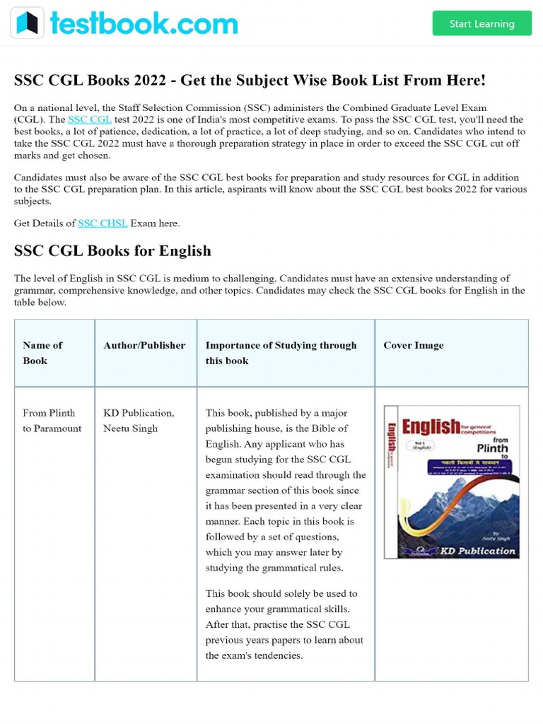 SSC CGL Books 2022 - Get The Subject Wise Book List From Here! | PDF