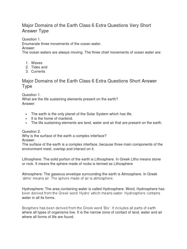 Major Earth Domains: Class 6 Q&A Guide | PDF | Atmosphere Of Earth ...