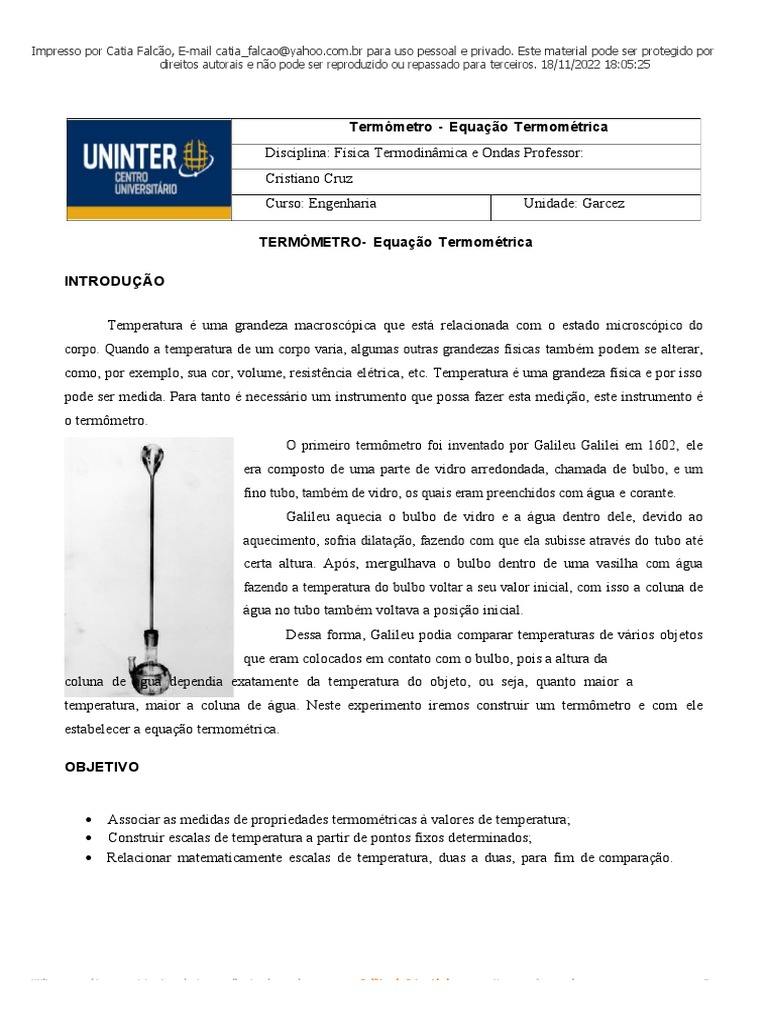 Termométrica - Equação Termômetro | PDF