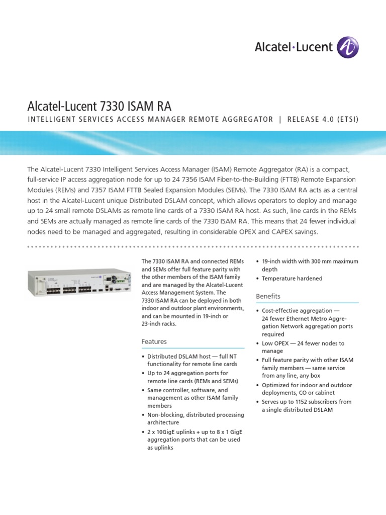 Alcatel-Lucent 7330 ISAM RA Datasheet | PDF | Digital Subscriber Line | Session Initiation Protocol