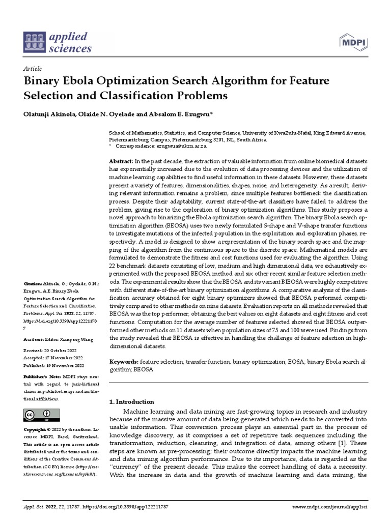 Binary Ebola Optimization Search Algorithm For Feature Selection and Classification Problems | PDF