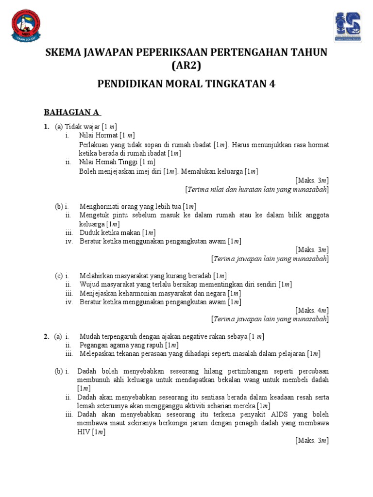 Skema Jawapan Pendidikan Moral Ting 4 (Ar2) | PDF
