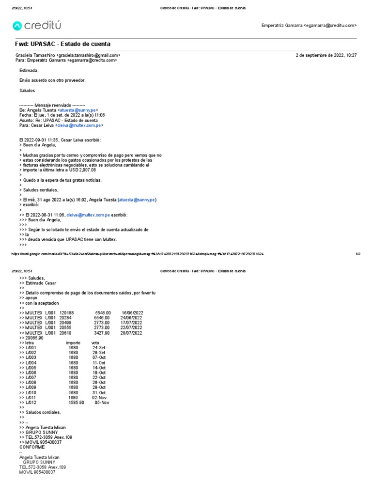 ACUERDO CON PROVEEDOR MULTEX EIRL FWD - UPASAC - Estado de Cuenta | PDF ...