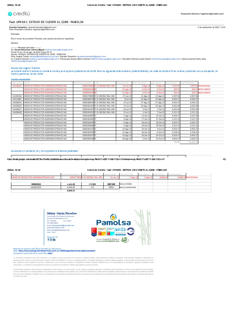 ACUERDO CON PROVEEDOR PAMOLSA - FWD - UPASAC - ESTADO DE CUENTA AL 22 ...