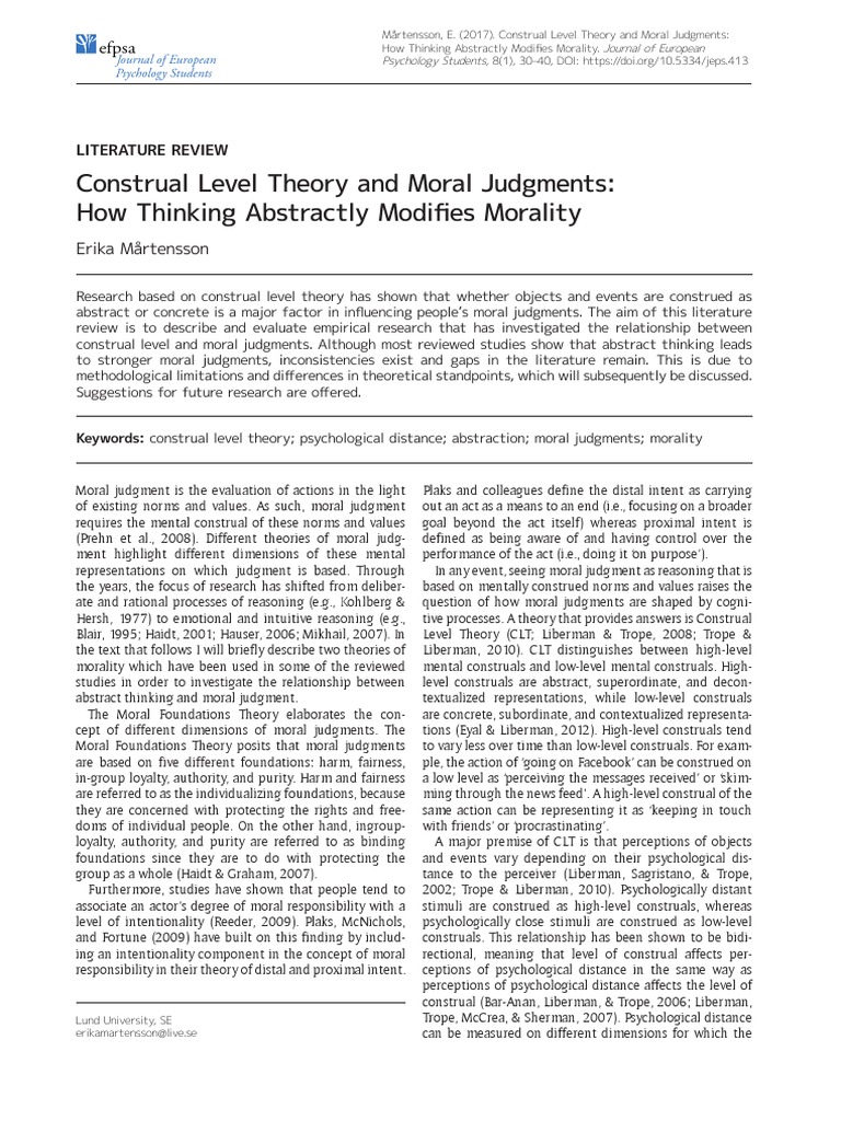 Martensson 2017 Construal Level Theory And Moral Judgments Pdf Morality Social Psychology 