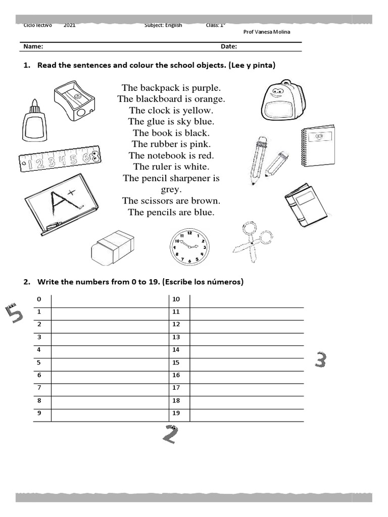 Read The Sentences and Colour The School Objects. (Lee y Pinta) | PDF