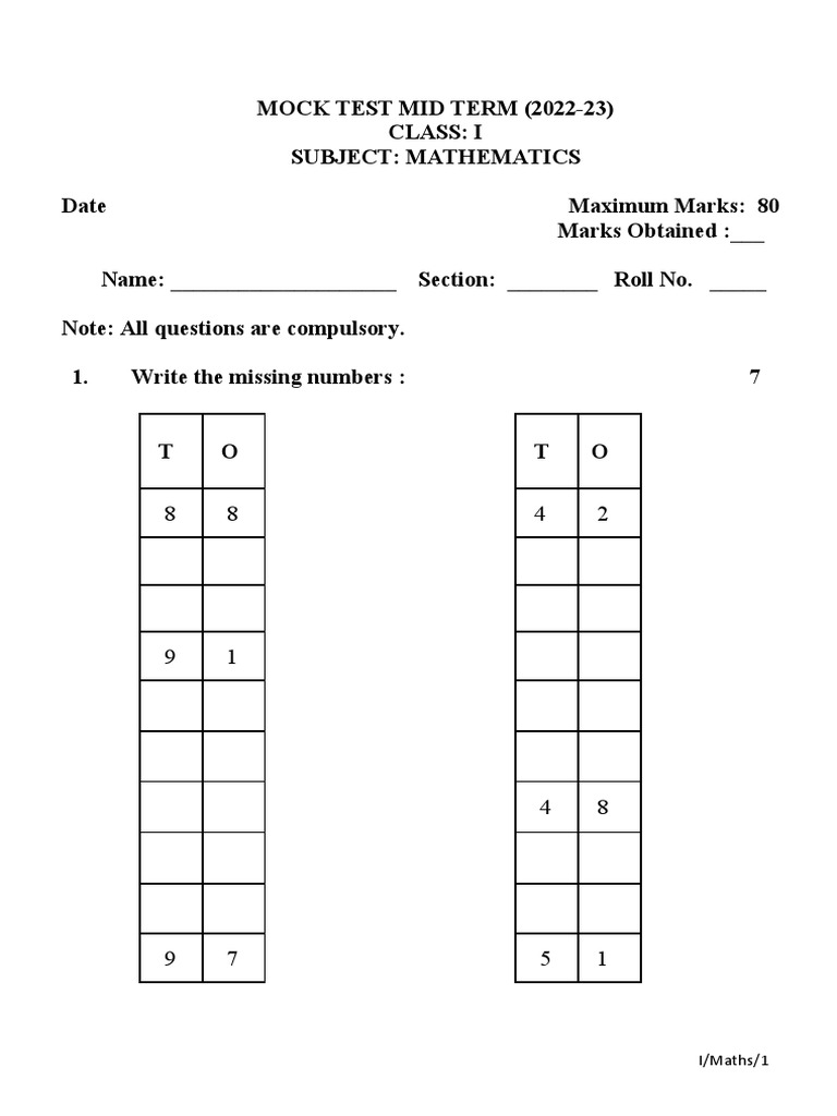 Class 1 Maths Mid Term Mock Test | PDF | Mathematics | Science