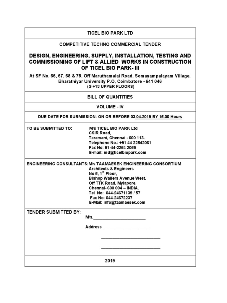 Lift Installation Tender for TICEL Bio Park | PDF