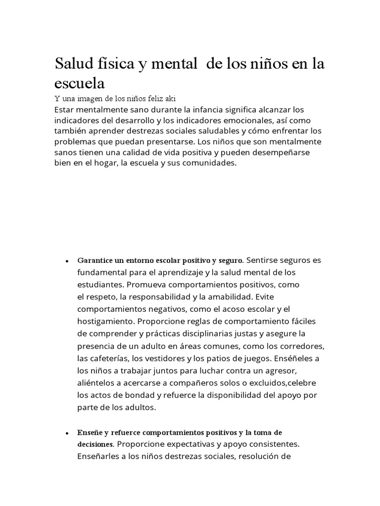 Salud Fisica y Mental en Los Niños | PDF | Salud mental | Aprendizaje