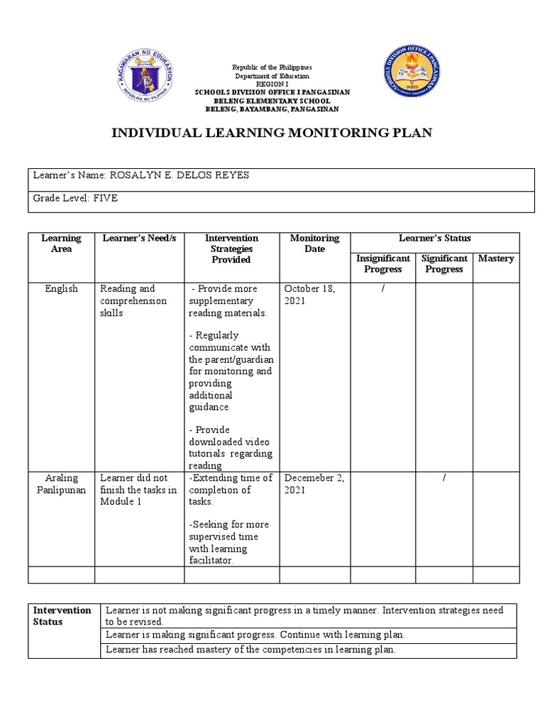 Individual Learning Monitoring Plan | PDF | Learning | Teachers