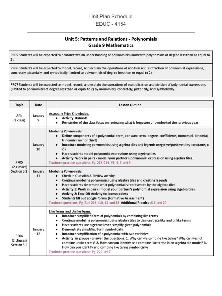 Grade 9 Polynomials Unit Plan Schedule | PDF | Polynomial | Division ...
