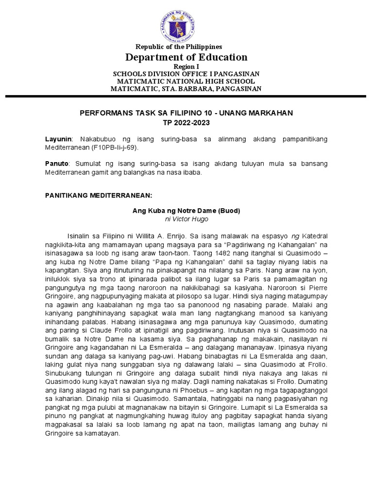 Q1 Performance Task in Filipino 10 | PDF