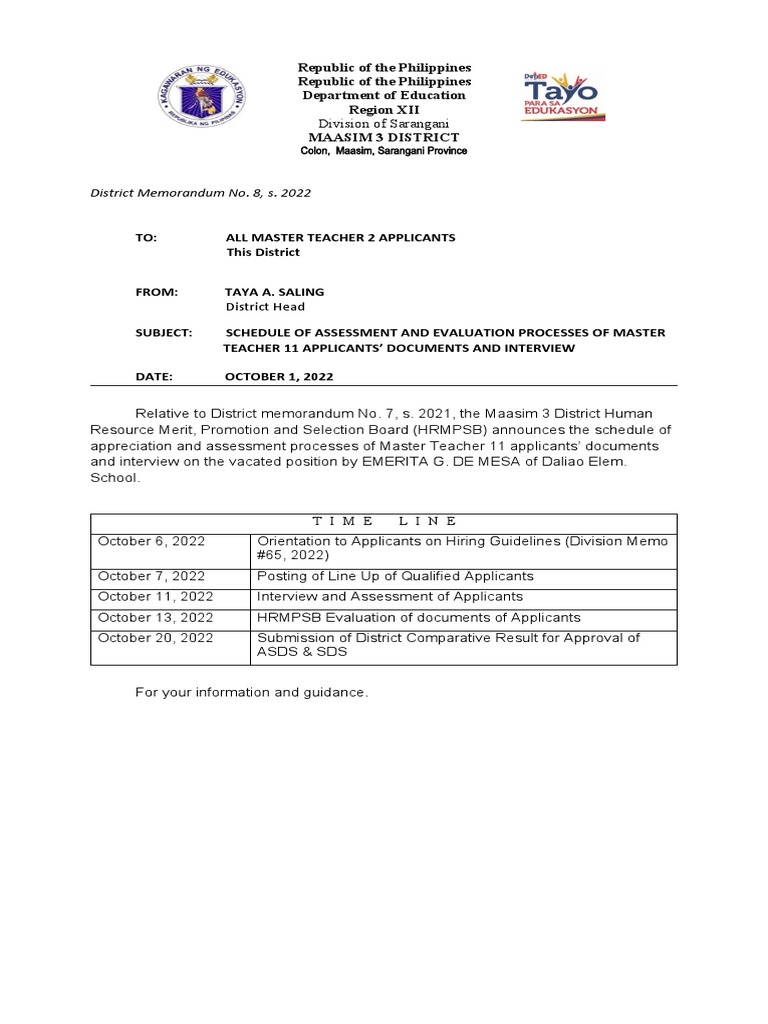 Maasim District Memo On MT Ranking | PDF
