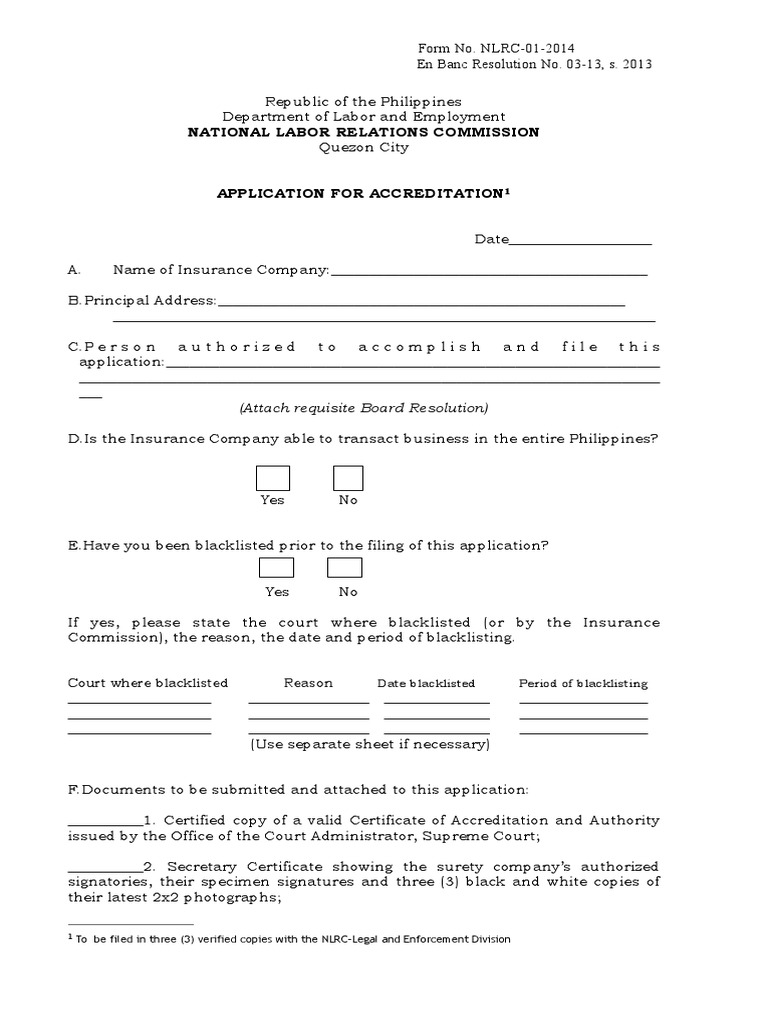 Application For Accreditation - NLRC Related Forms | PDF | Surety ...