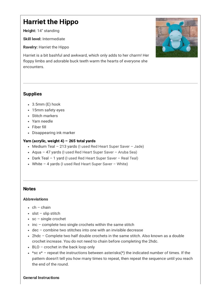 Harriet The Hippo - Jess Huff | PDF | Crochet | Crafts