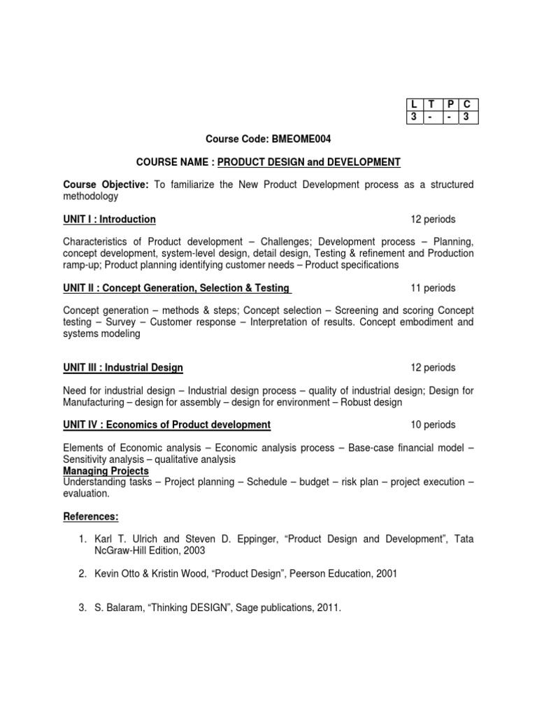 Product Design and Development Syllabus | PDF | Business | Art
