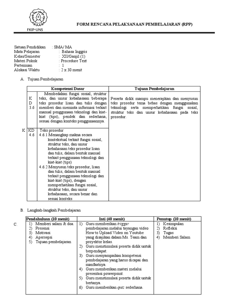 RPP Procedure Text Kelas 12 | PDF | Seni | Komputer