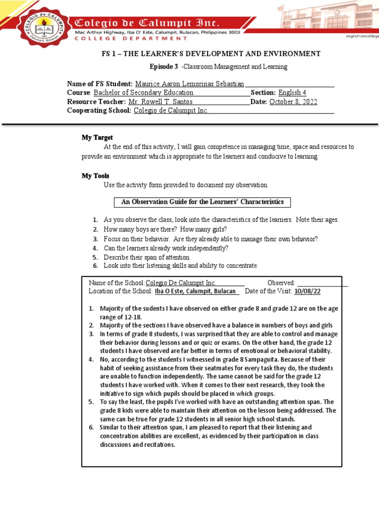 Episode 3 Classroom Management and Learning | PDF