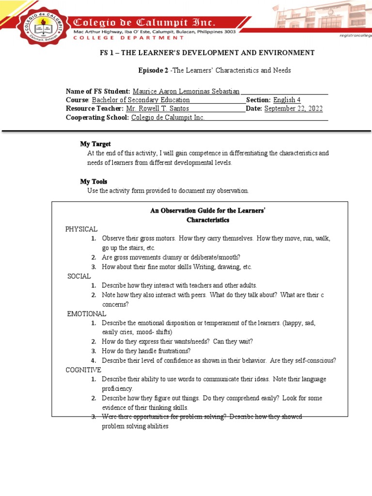 Episode 2 The Learners Characteristics and Needs | PDF