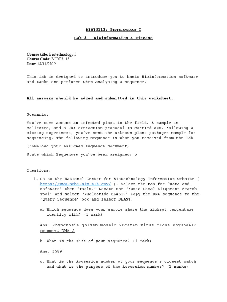 BIOT3113 Bioinformatics Lab | PDF