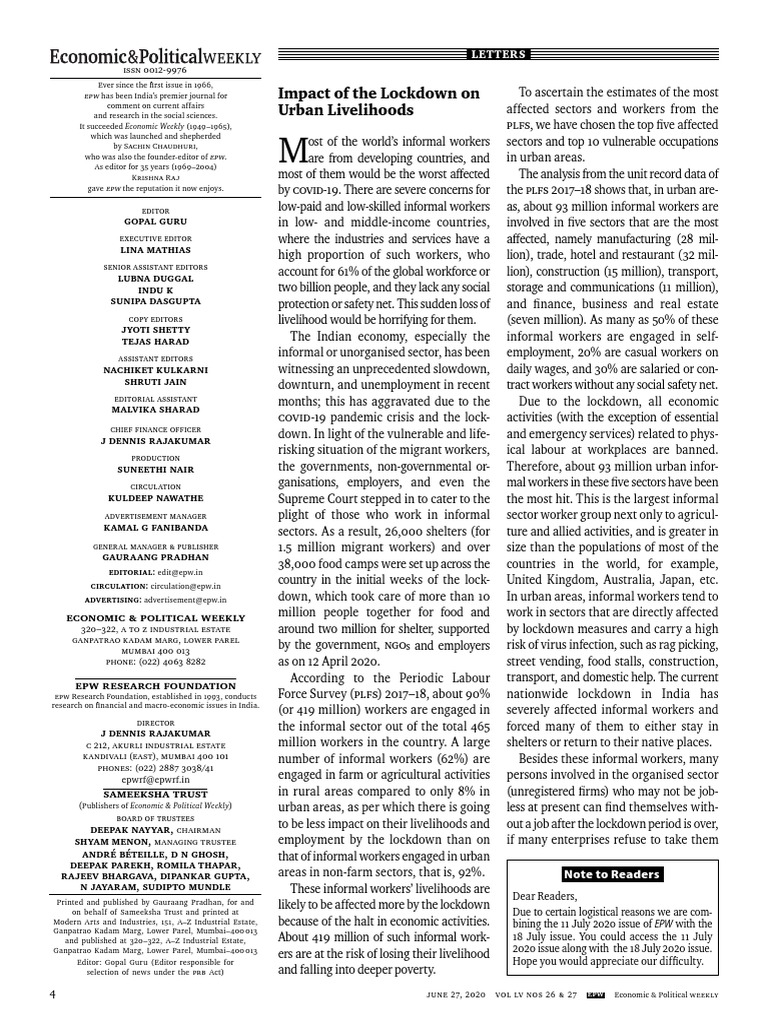 6.EPW-Impact of Lockdown On Urban Livelihoods | PDF | Subscription ...