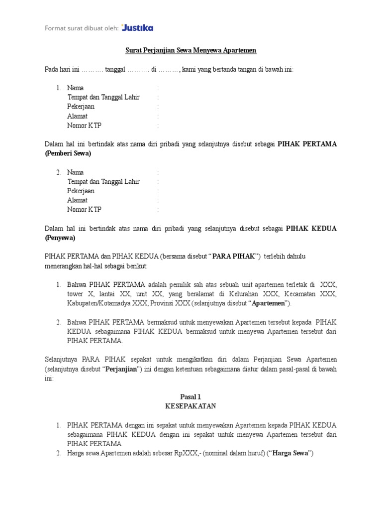Surat Perjanjian Sewa Menyewa Apartemen Pdf