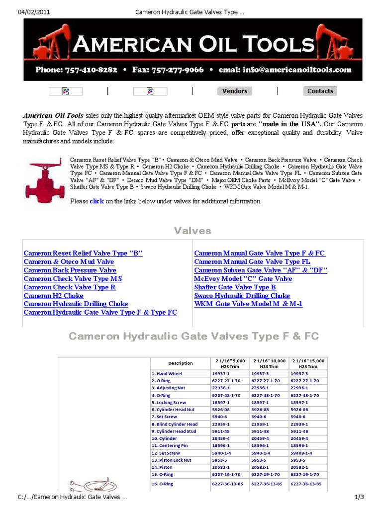 Cameron Hydraulic Gate Valves Type F & FC | PDF | Valve | Piston