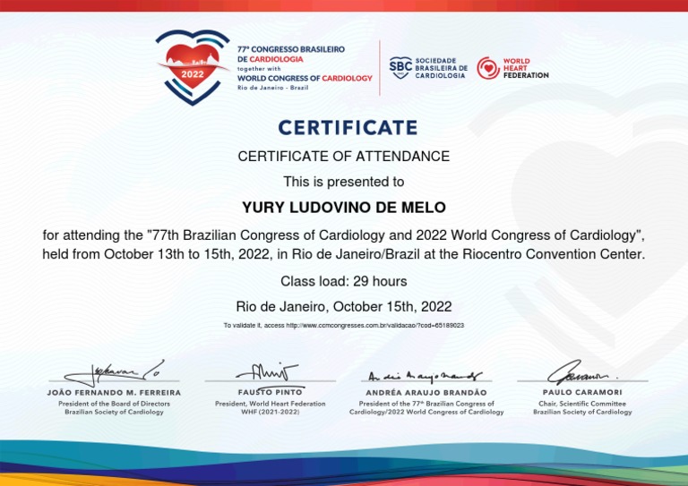 Certificate of Attendance - World Congress of Cardiology | PDF