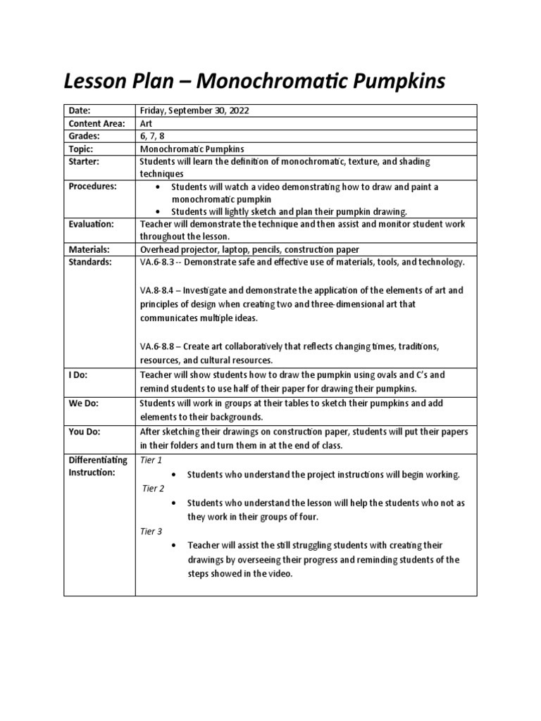 Shandor Personal Choice - Monochromatic Pumpkin Lesson Plan | PDF