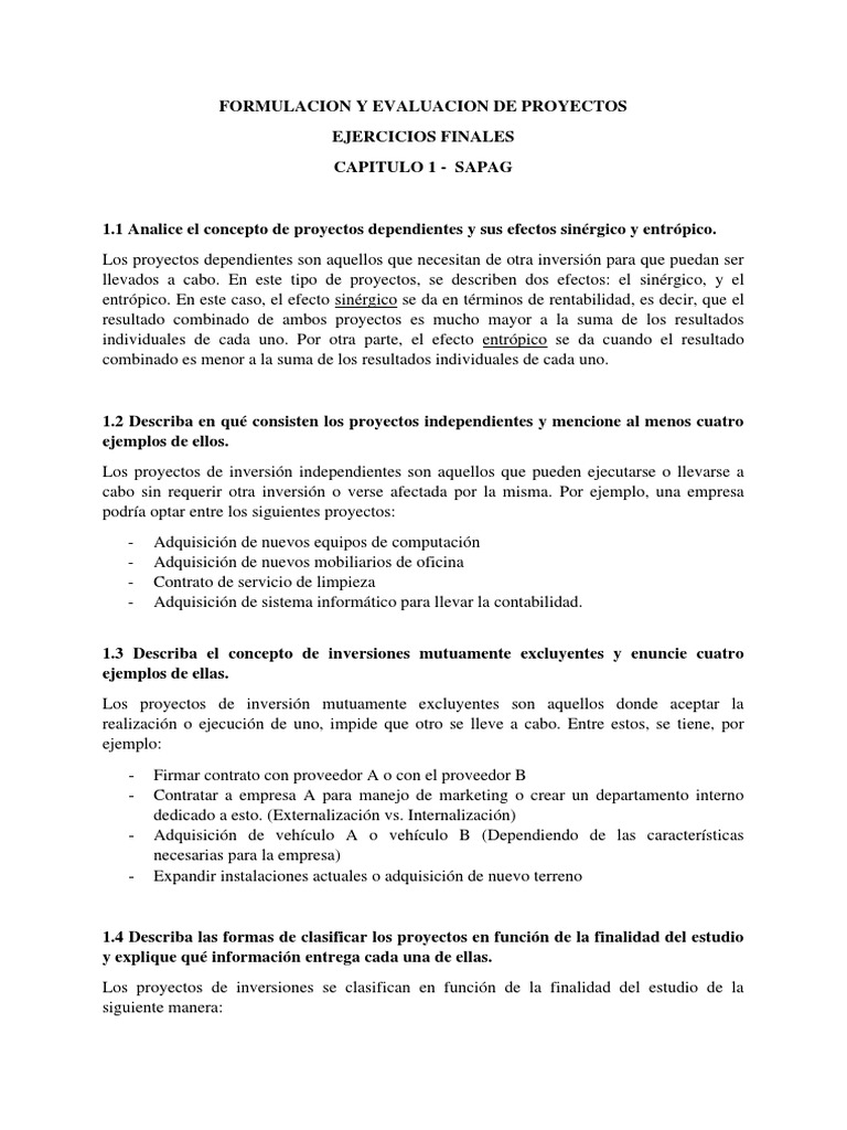 Ejercicios Finales Capitulo 1 Formulacion de Proyectos SAPAG | PDF