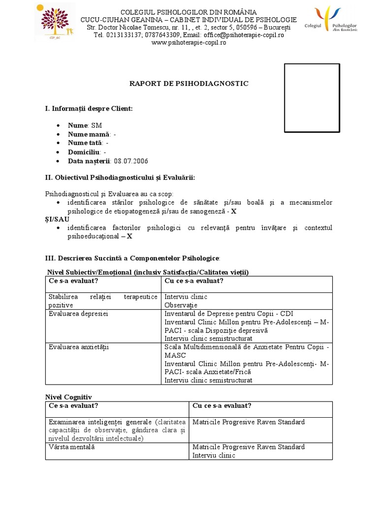 Raport de Psihodiagnostic - Exemplu | PDF