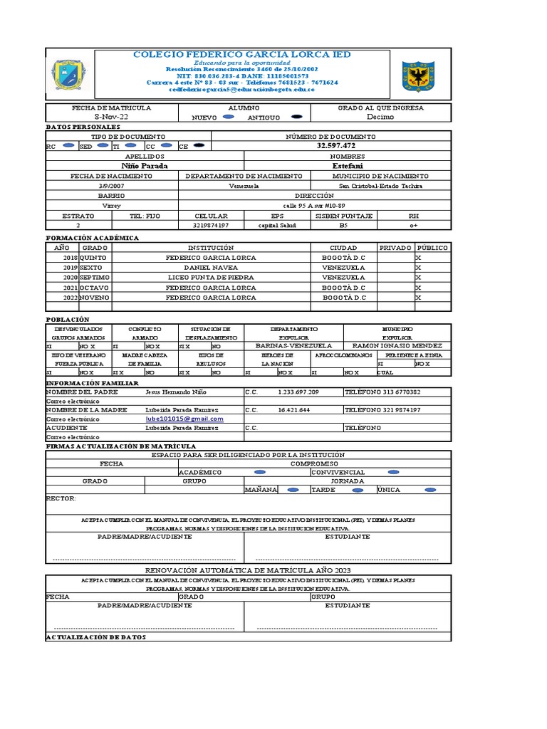 HOJA DE MATRICULA 2023 e | PDF