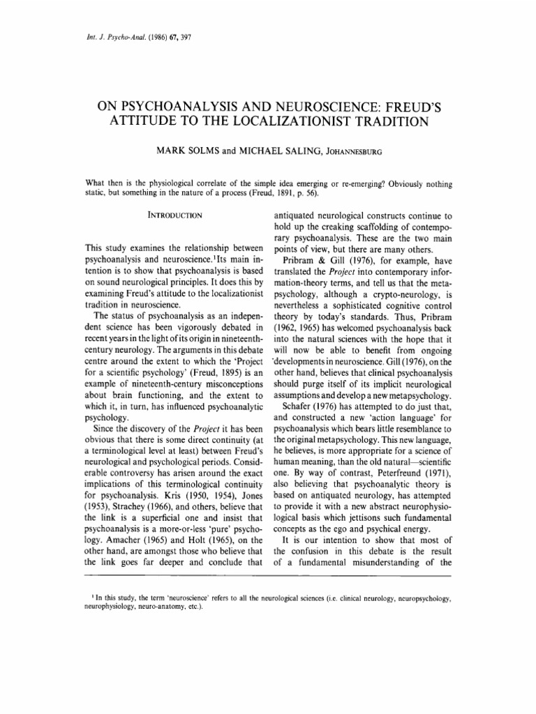 Solms-1986 & Saling - On P'sis and Neuroscience Freud's Attitude To ...