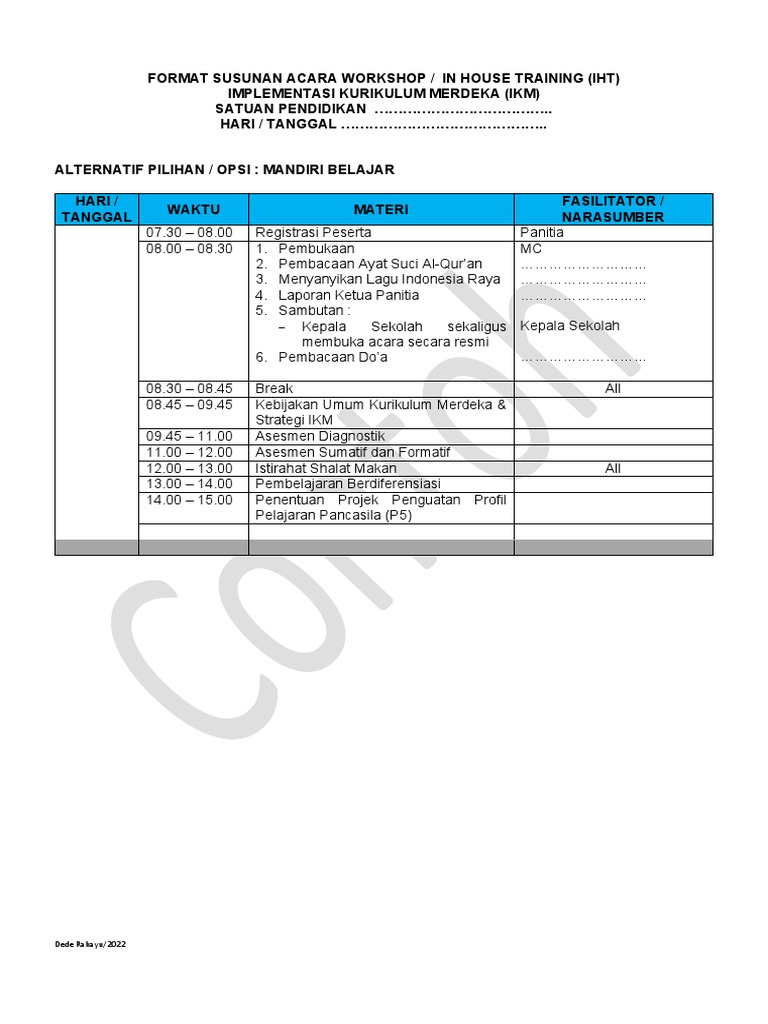 Format Susunan Acara Workshop Atau IHT IKM | PDF