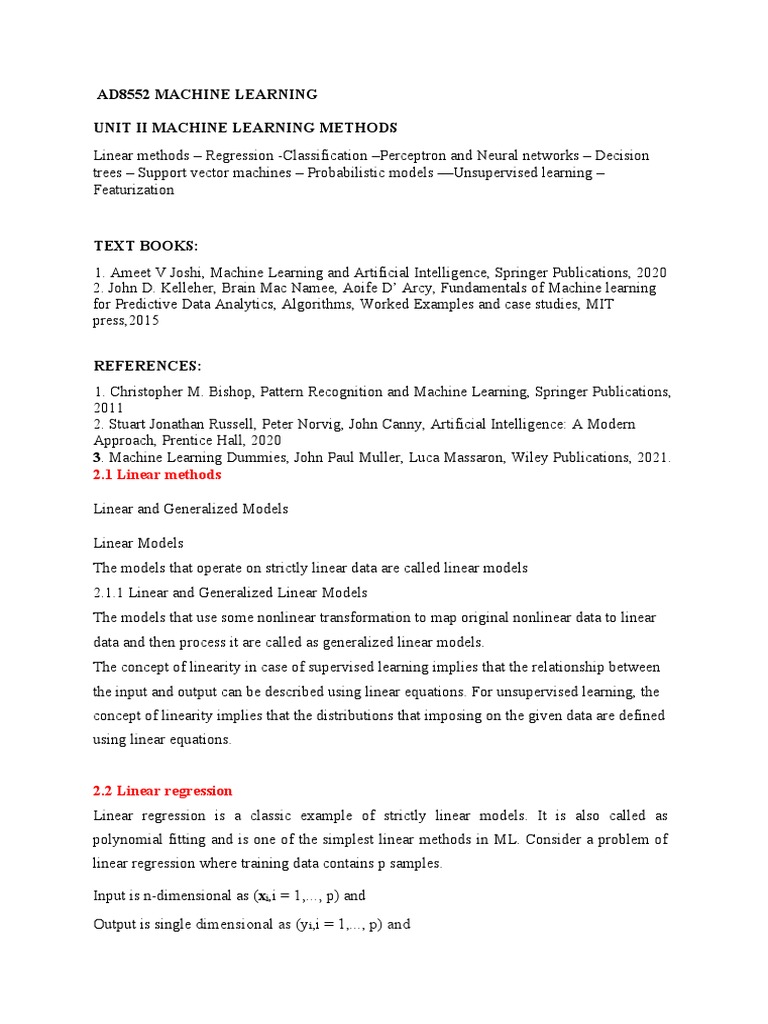AD8552 UNIT 2 Machine Learning | PDF